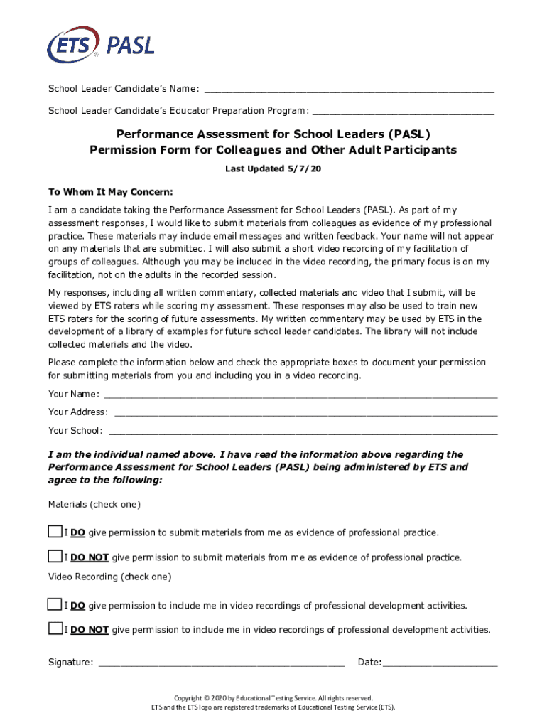 Fillable Online Performance Assessment for School Leaders (PASL ...