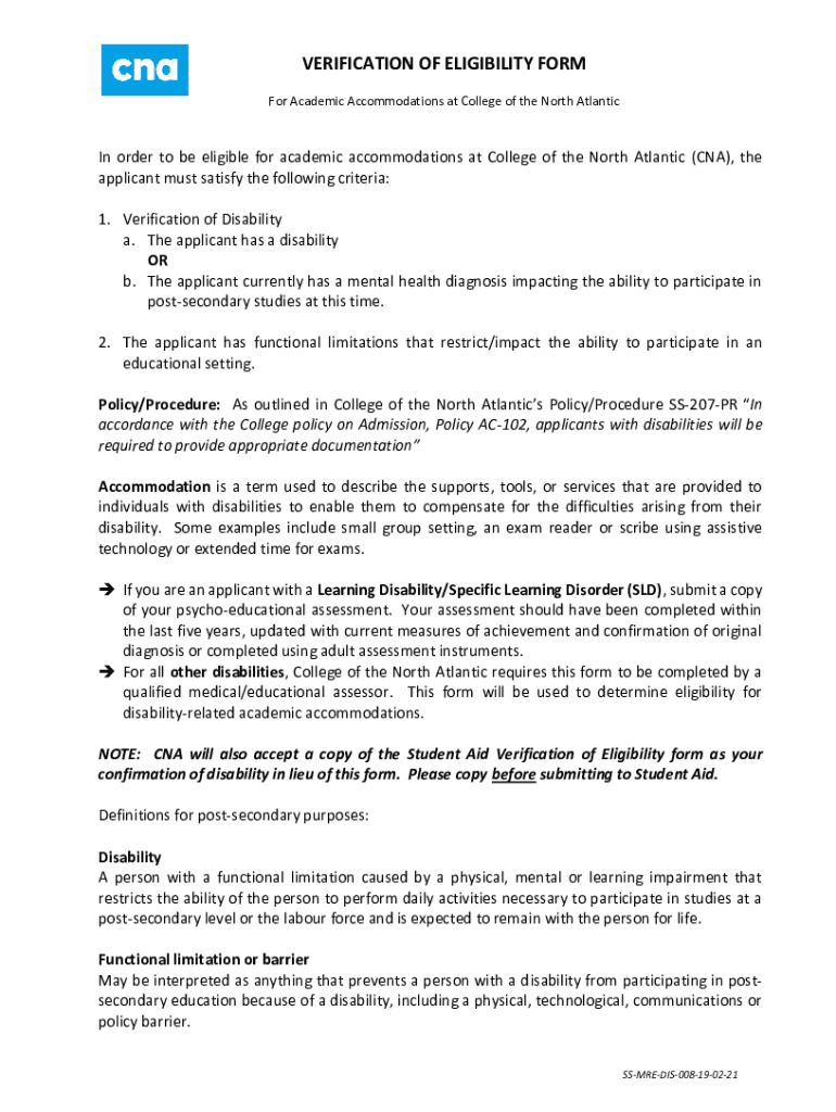 Fillable Online VERIFICATION OF ELIGIBILITY FORM Fax Email Print ...