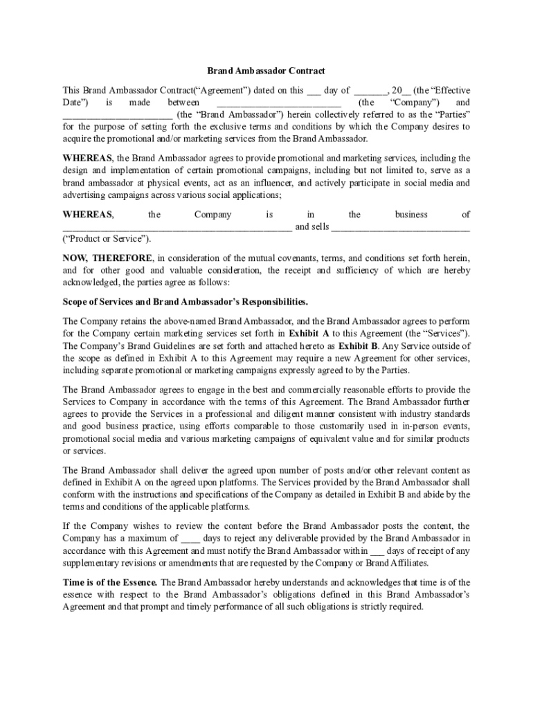 Fillable Online Free Brand Ambassador Contract Template Word ...