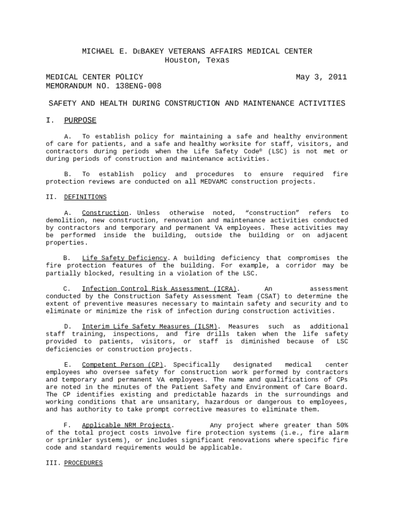 Medical Center Policy Memorandum No. 138ENG-008. Infection Control Risk ...