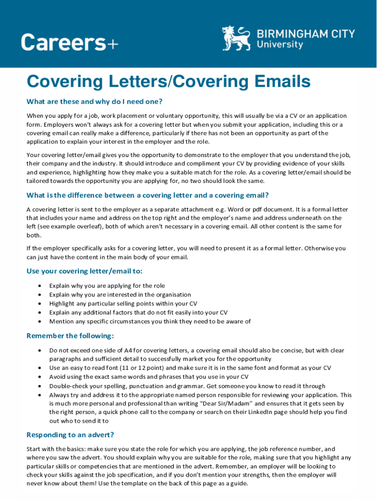 Fillable Online Covering Letters/Covering Emails - BCU Careers+ Fax Email Print - pdfFiller