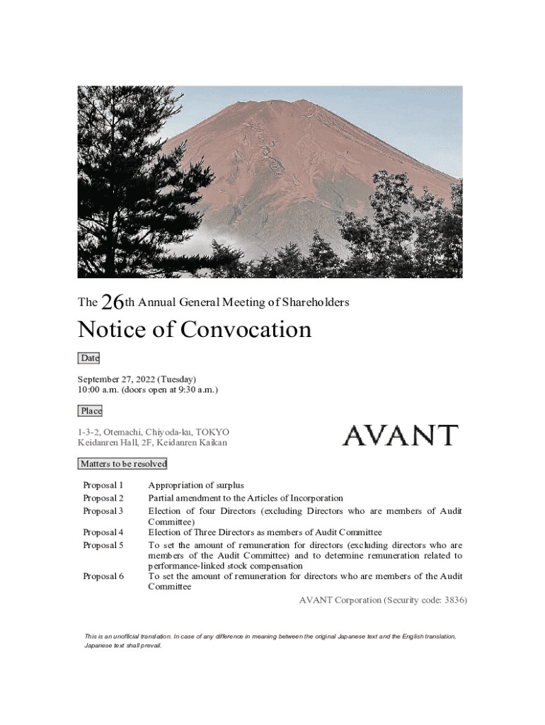 Fillable Online NOTICE OF CONVOCATION OF THE 26TH ORDINARY ... Fax Email Print - pdfFiller