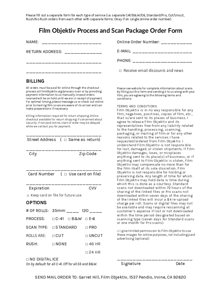 Fillable Online Film Objektiv Process and Scan Package Order Form Fax ...
