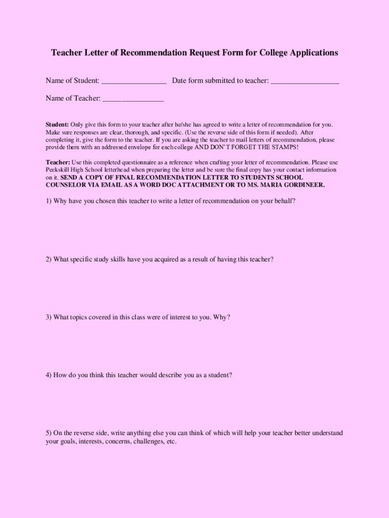 Fillable Online Teacher Letter of Recommendation Request Form for ...
