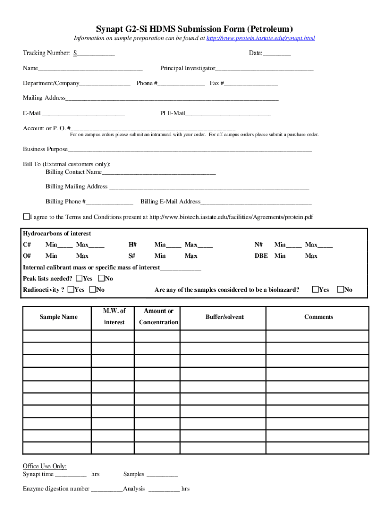 Fillable Online Synapt G2-Si HDMS Mass Spectrometry Submission Form ...