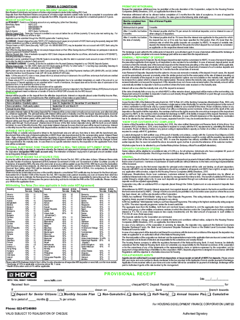 Fillable Online HDFC Deposits Schemes - Sakthi Financial Services Fax Email Print - pdfFiller