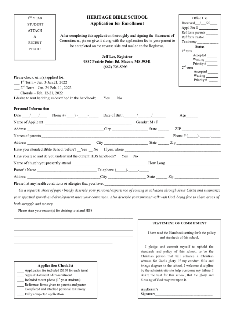 Fillable Online HERITAGE BIBLE SCHOOL Application for Enrollment Fax ...