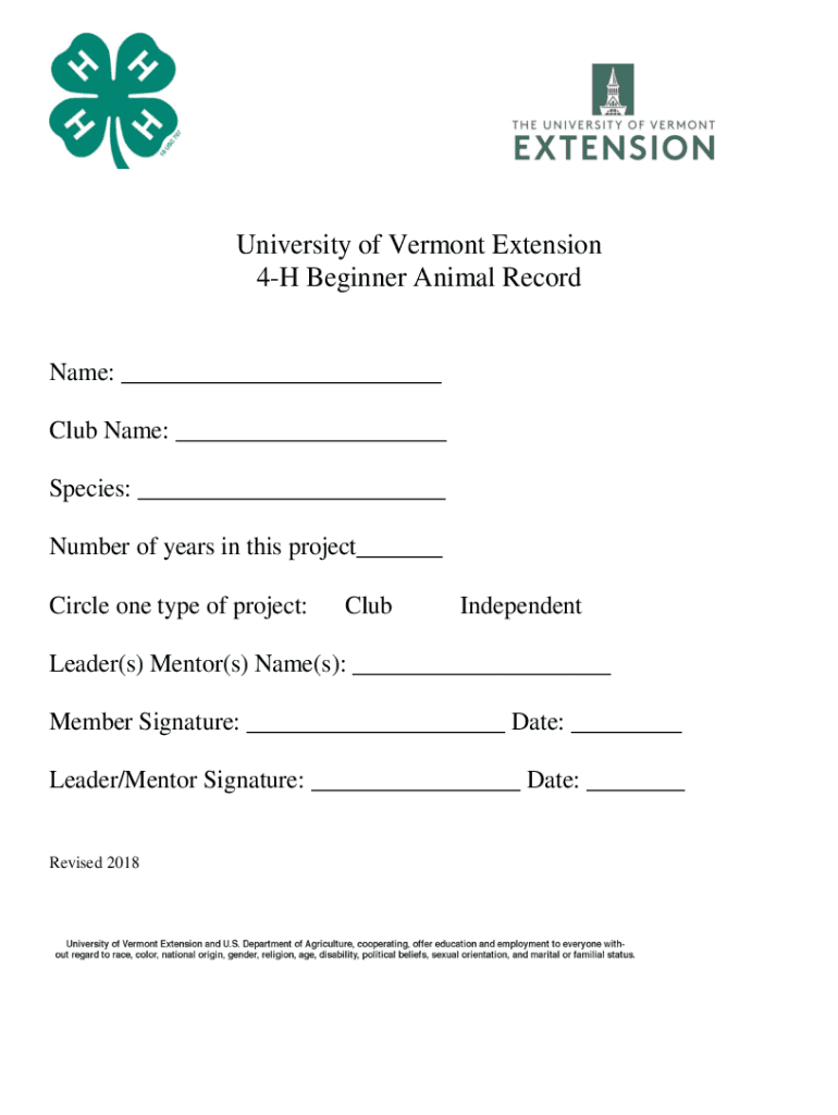 Fillable Online University of Vermont Extension 4-H Beginner Animal ...