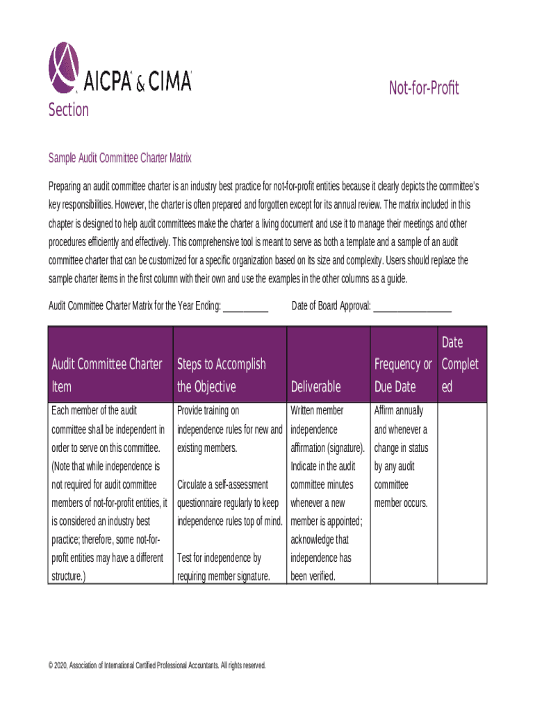 Sample Not-for-Profit Audit Committee Charter Matrix. This ...