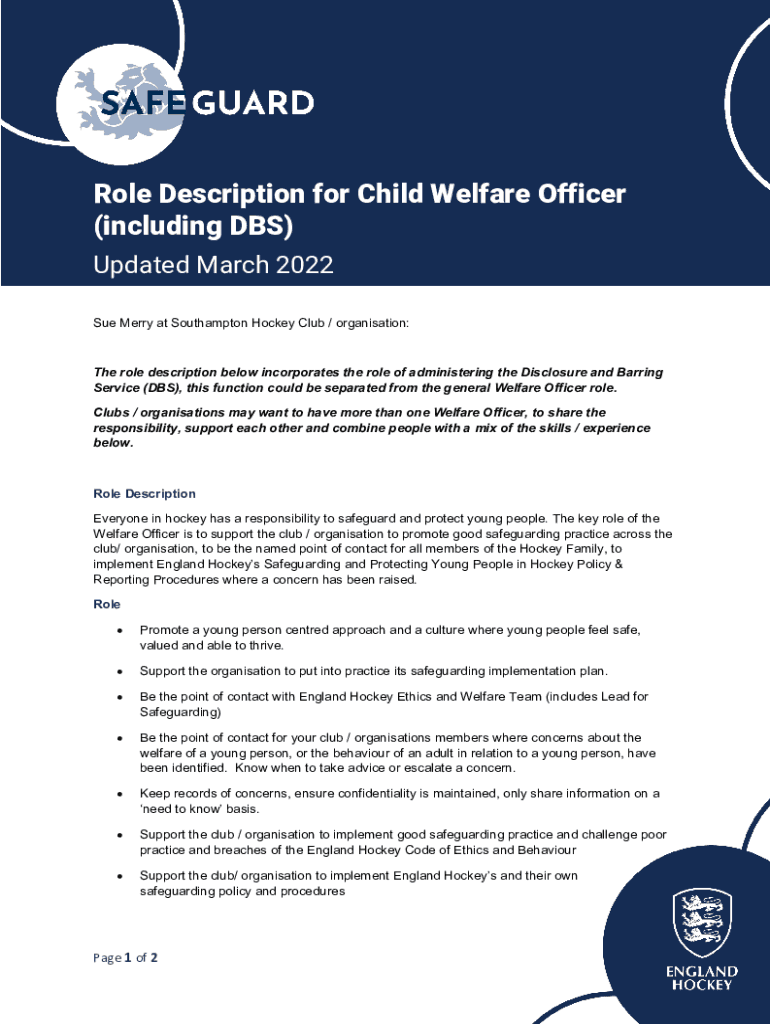 Role Description for Child Welfare Officer (including DBS): Fill out ...
