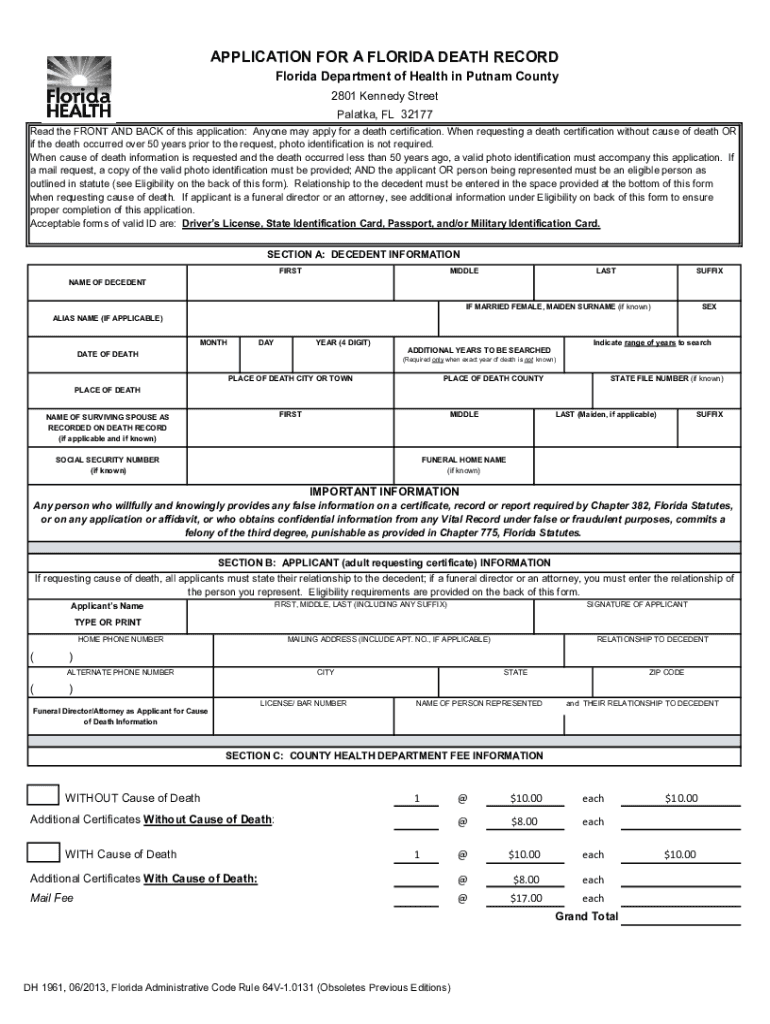 Fillable Online Death CertificatesFlorida Department of Health in ...
