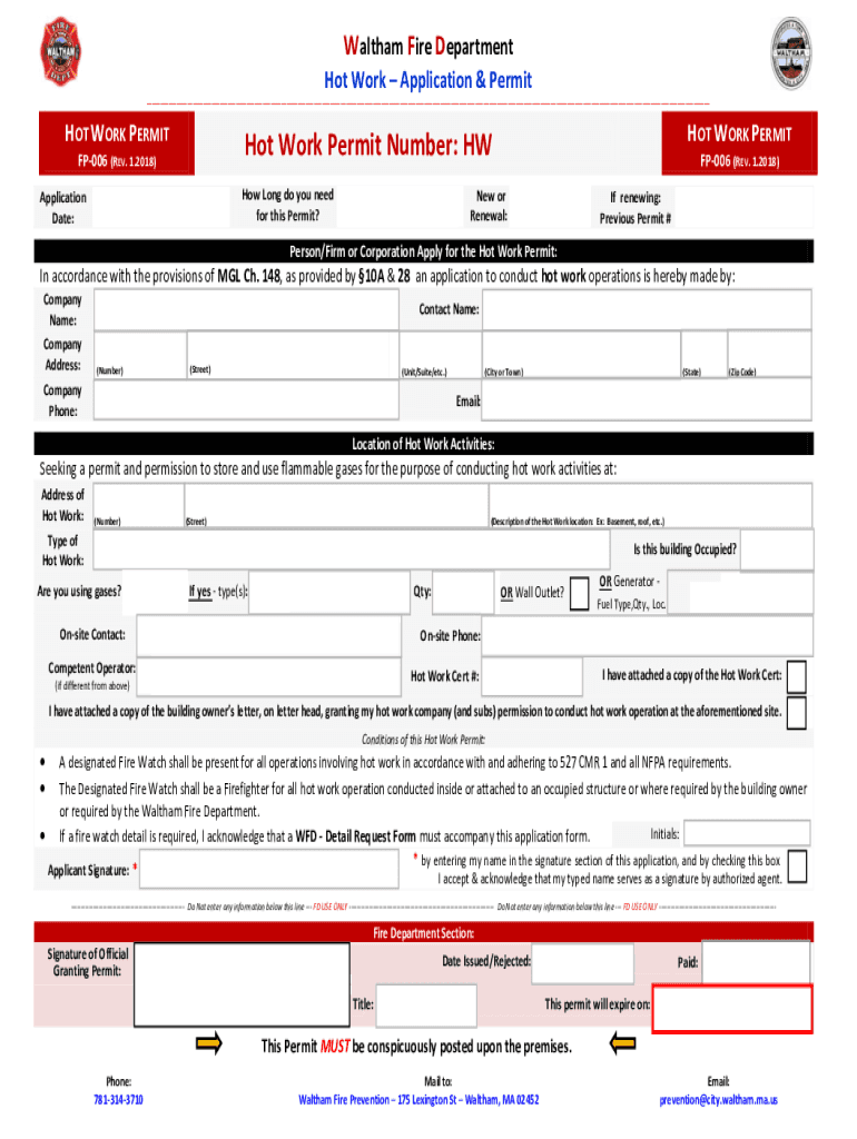 Fillable Online Waltham Fire Department Hot Work Application & Permit HOT ... Fax Email Print ...