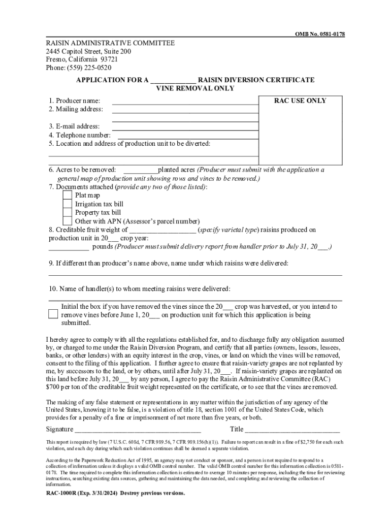 Fillable Online Application for Diversion Certificate Abortion Form RAC ...