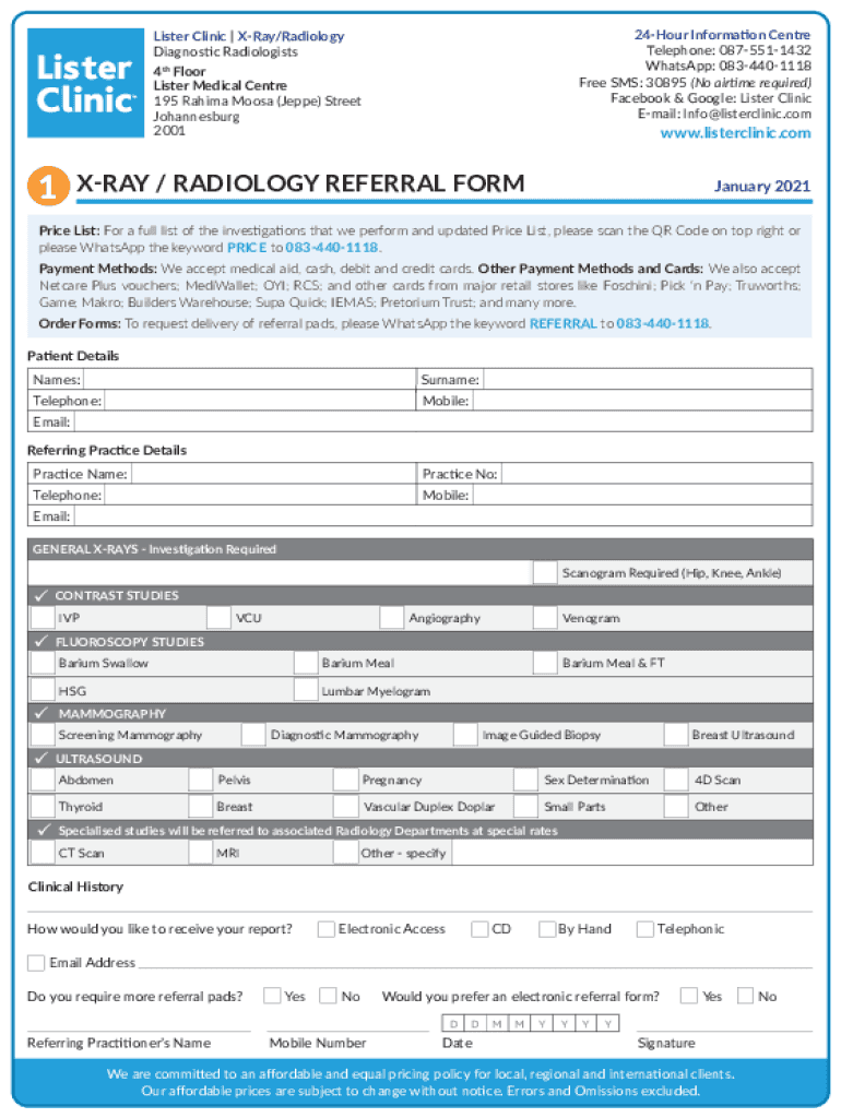 Fillable Online X-RAY / RADIOLOGY REFERRAL FORM - LISTER CLINIC Fax Email Print - pdfFiller