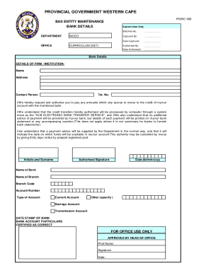 Fillable Online Bank details form - Western Cape Government Fax Email ...
