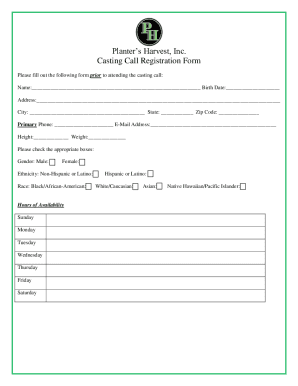 Fillable Online Planter's Harvest, Inc. Casting Call Registration Form ...