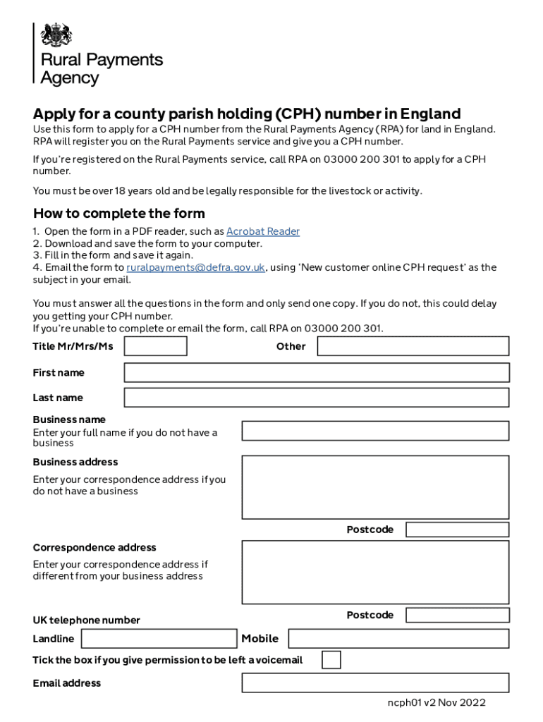 Fillable Online Form: Apply for a county parish holding (CPH) number Fax Email Print - pdfFiller