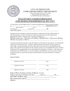 Fillable Online VOLUNTARY CONSENT/REQUEST FOR DEMOLITION ... Fax Email ...