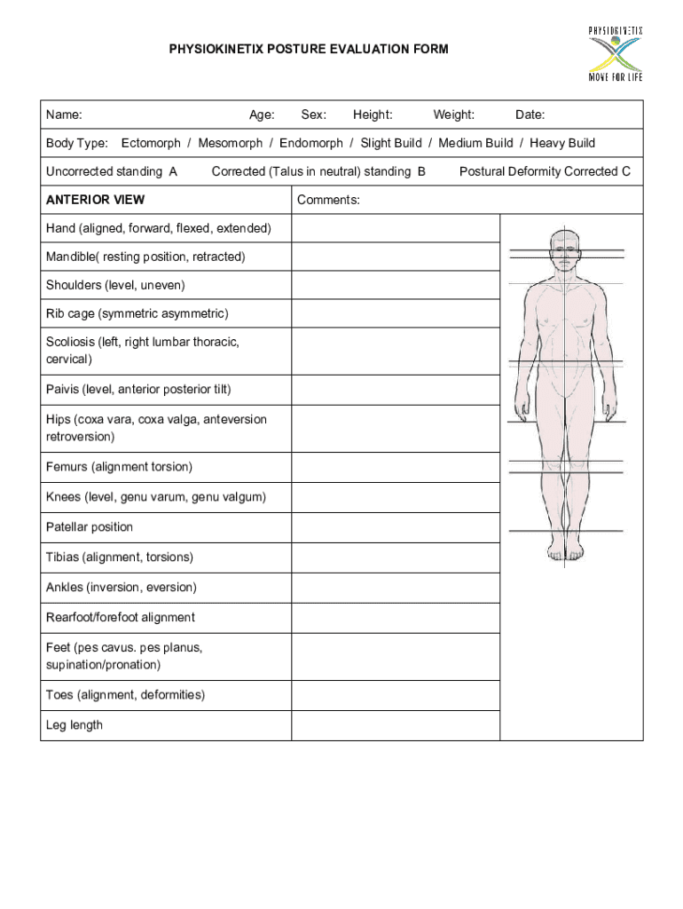 Fillable Online PHYSIOKINETIX POSTURE EVALUATION FORM Name: Age: Sex ...
