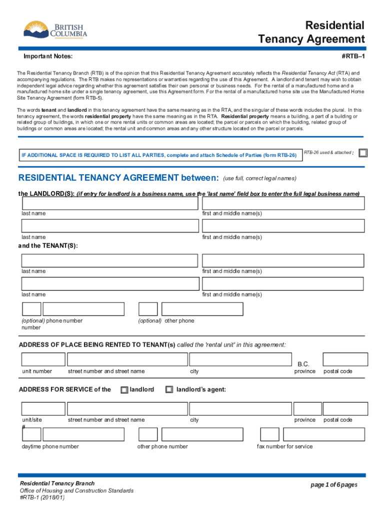 Fillable Online Residential Tenancy Agreement (RTB 1). The Residential Tenancy Branch is of the ...
