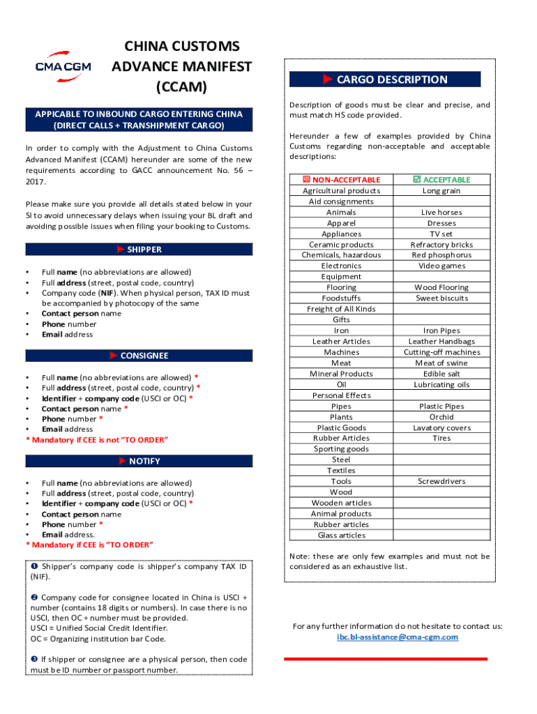 Fillable Online Advisory on China Customs Advanced Manifest ...