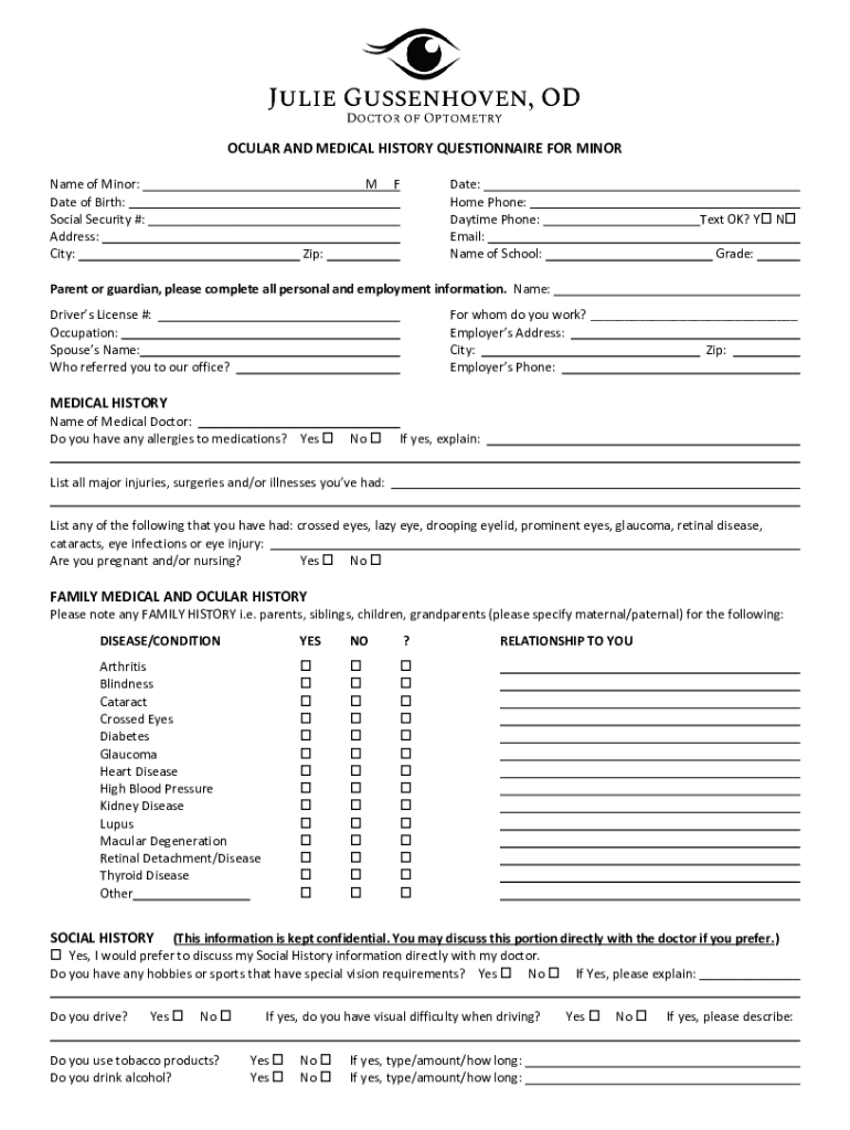 Fillable Online OCULAR AND MEDICAL HISTORY QUESTIONNAIRE FOR MINOR Fax ...