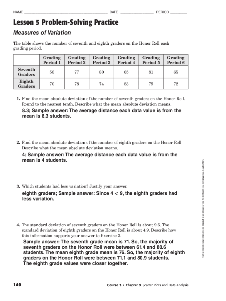 Fillable Online Lesson 5 Problem-Solving Practice - Measures of ...