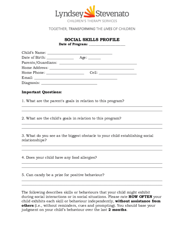 Fillable Online Social Skills Questionnaire -TEACHER FORM Fax Email ...