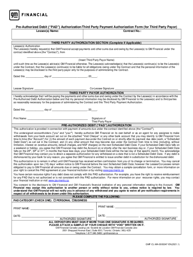 Fillable Online Pre-Authorized Debit (PAD) Authorization/Third Party ...