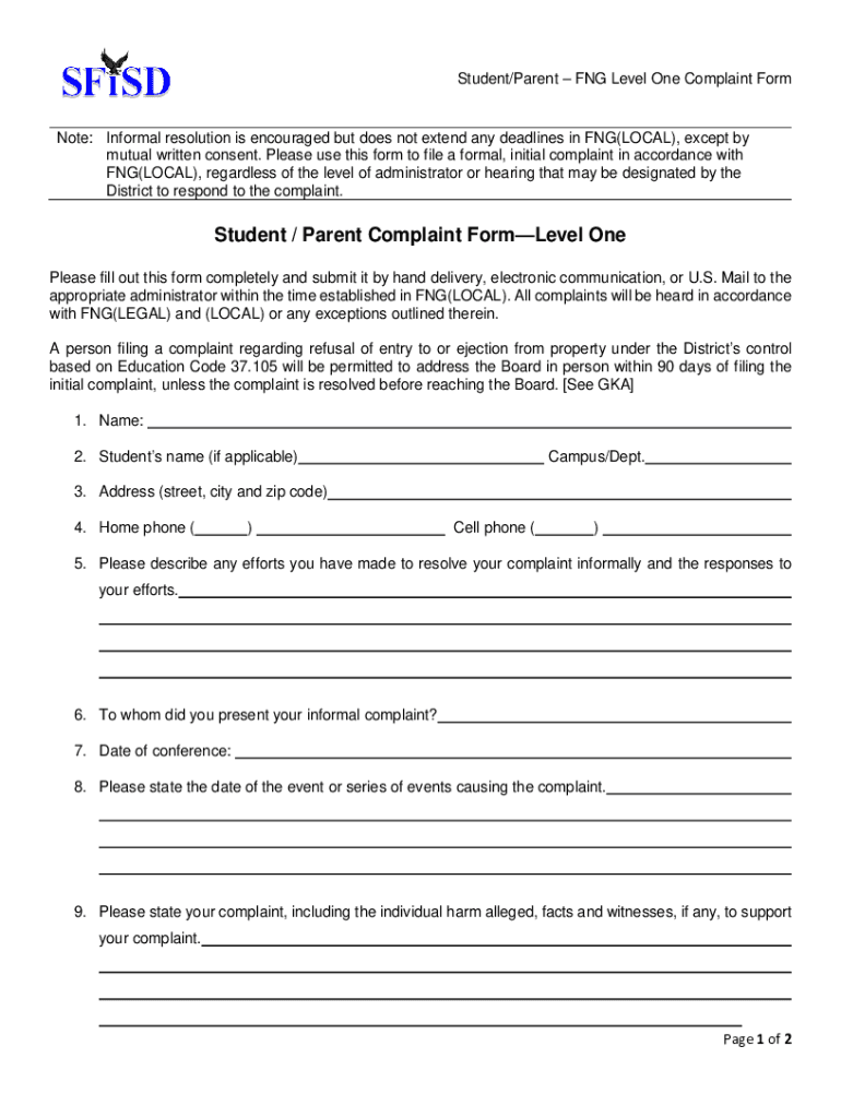 Fillable Online Exhibit A-Student/Parent Complaint Form-Level One Fax Email Print - pdfFiller