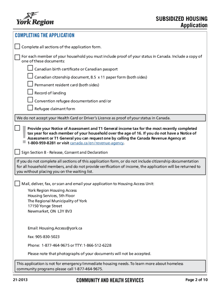 Fillable Online York Region Subsidized Housing Application Form. 21 ...