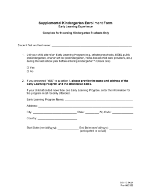 Fillable Online Supplemental Kindergarten Enrollment Form Fax Email ...