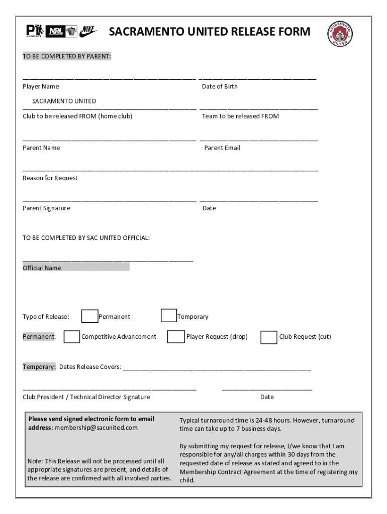 Fillable Online SACRAMENTO UNITED RELEASE FORM - Ngin Fax Email Print - pdfFiller
