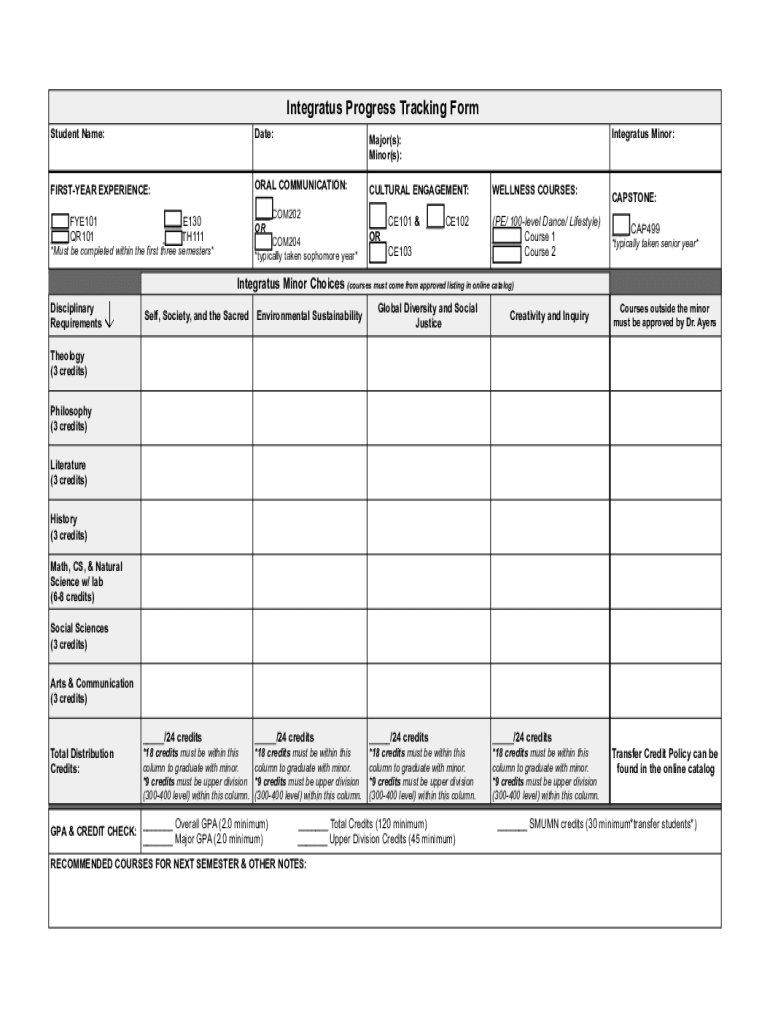 Fillable Online BLANK COPY Integratus Honors Progress Tracking Form Fax ...