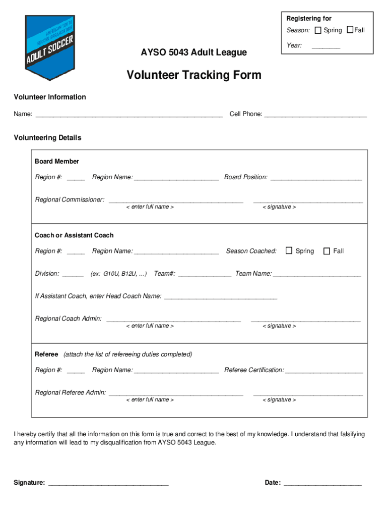 Fillable Online AYSO 5043 Adult League - Volunteer Tracking Form Fax ...
