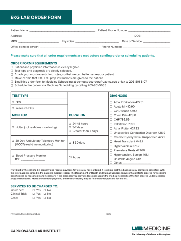 Fillable Online EKG LAB ORDER FORM - UAB Medicine Fax Email Print - pdfFiller