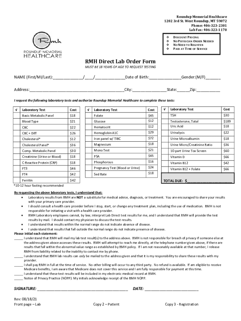 Fillable Online RMH Direct Lab Order Form Fax Email Print - pdfFiller