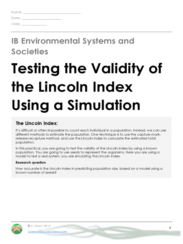 Fillable Online Testing the Lincoln Index - IB ESS by Science Sauce Fax ...