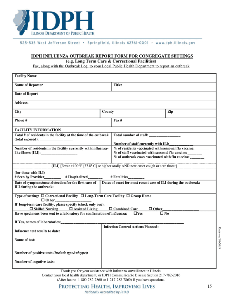 Fillable Online 15 IDPH INFLUENZA OUTBREAK REPORT FORM FOR ... Fax ...