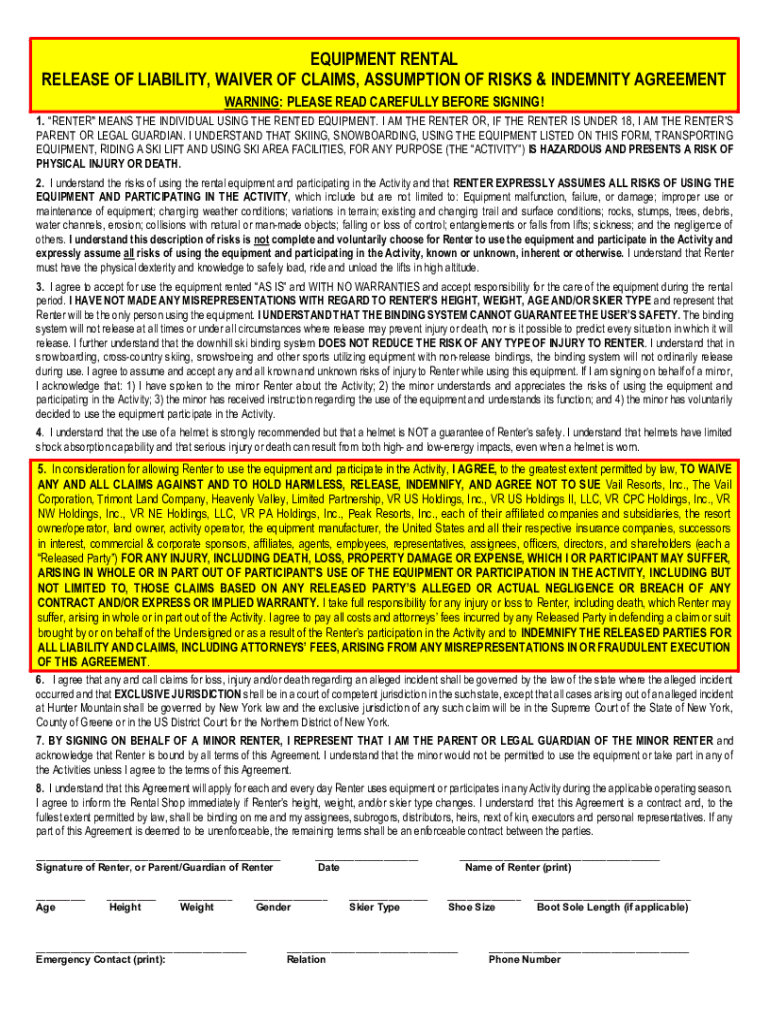 Fillable Online Equipment Rental Liability Waivers (With Free Template ...