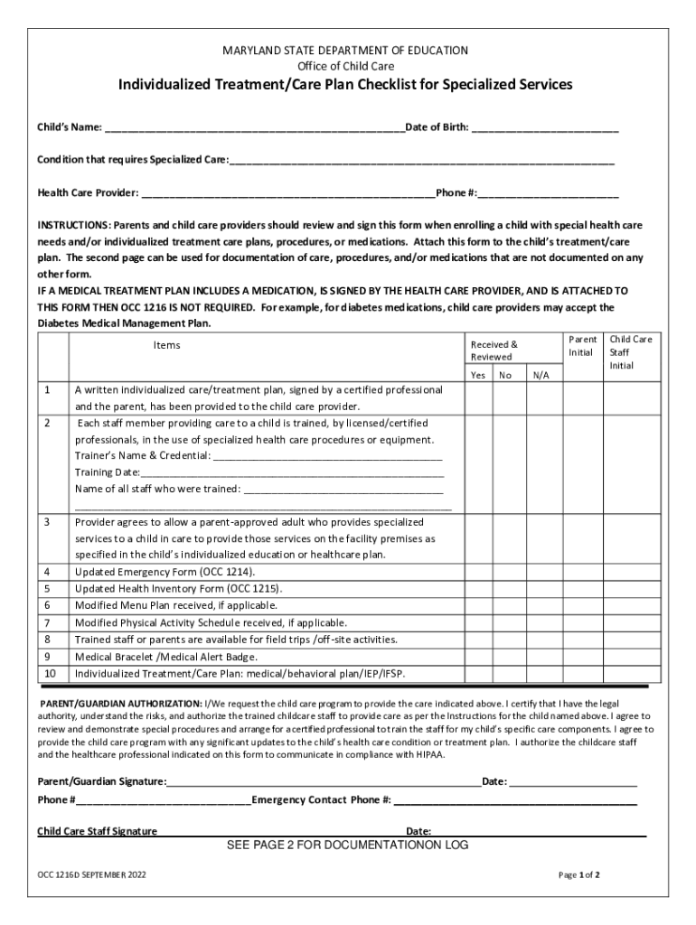 Fillable Online Individualized Treatment/Care Plan Checklist for ...