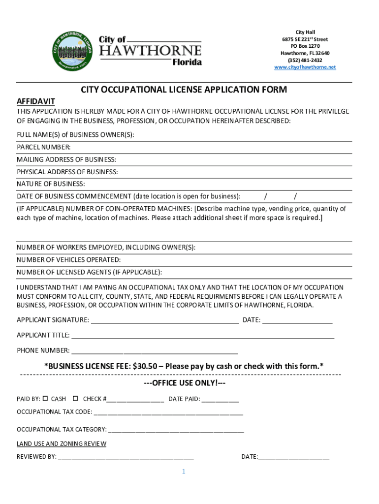 Fillable Online CITY OCCUPATIONAL LICENSE APPLICATION FORM Fax Email ...