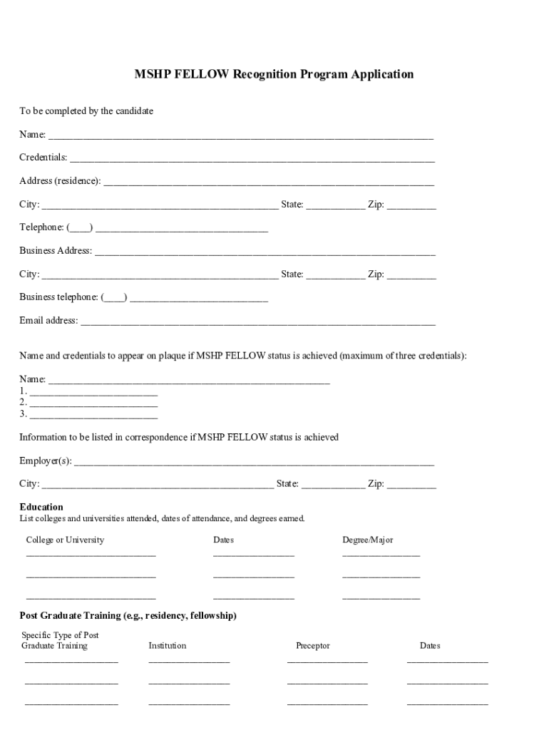 Fillable Online MSHP Fellow APPLICATION GUIDELINES Fellow in the ...