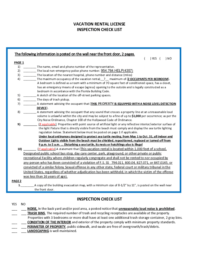 Fillable Online VACATION RENTAL LICENSE INSPECTION CHECK LIST ... Fax ...