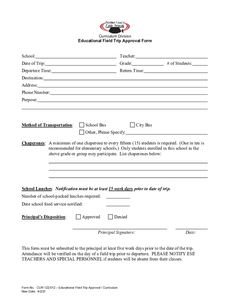 Fillable Online Educational Field Trip Approval Form Fax Email Print ...