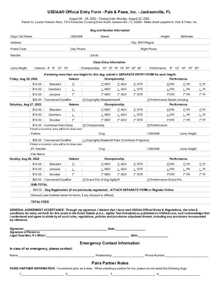 Fillable Online USDAA Official Entry Form - Pals & Paws, Inc Fax Email ...
