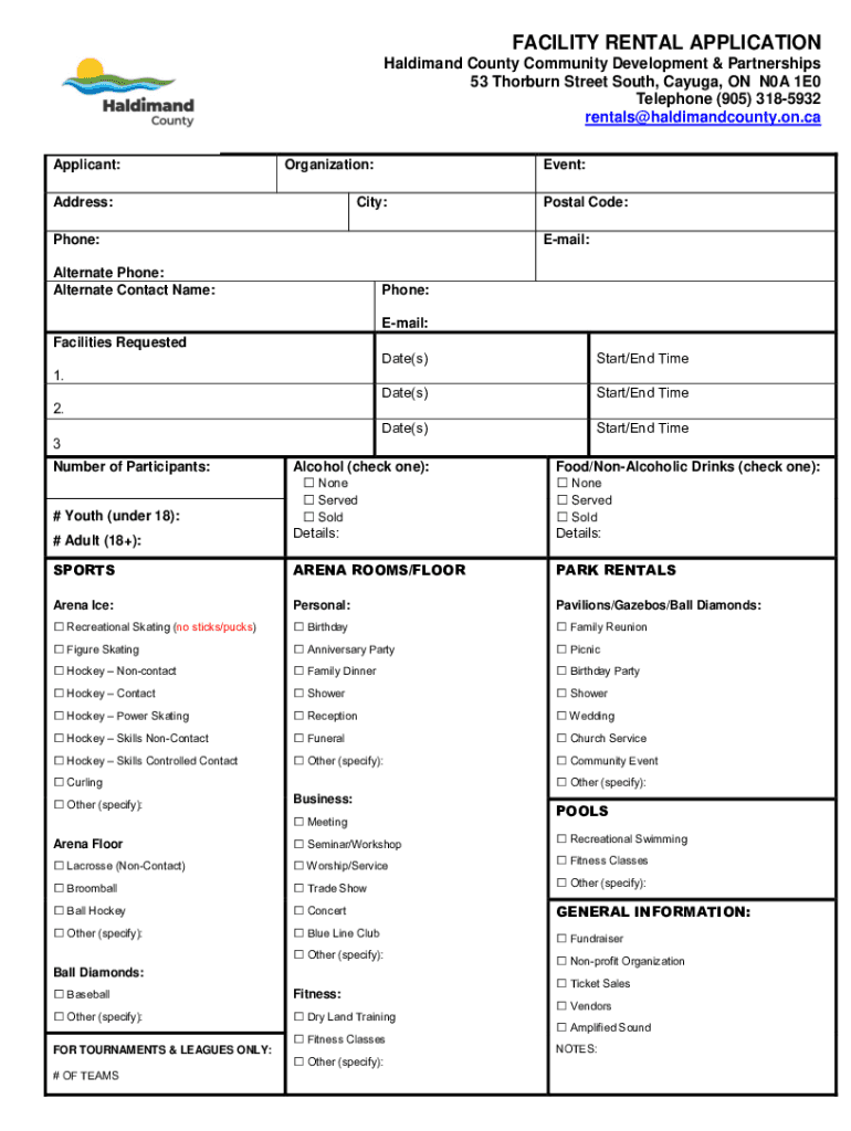 Fillable Online facility rental application - Haldimand County Fax ...