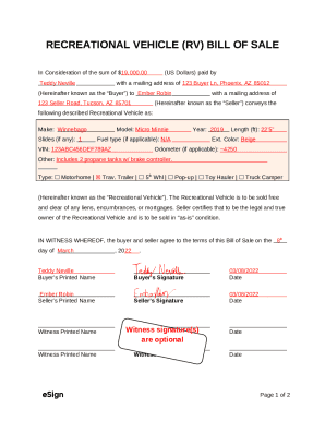 Free Recreational Vehicle (RV) Bill of Sale - PDF - es Doc Template ...