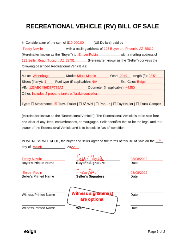Free Recreational Vehicle (RV) Bill of Sale - PDF - es Doc Template ...