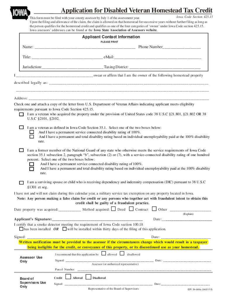 Fillable Online Disabled Veteran Homestead Property Tax CreditIDR Fax ...